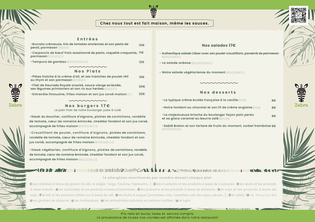 Menu – Zebra Restaurant